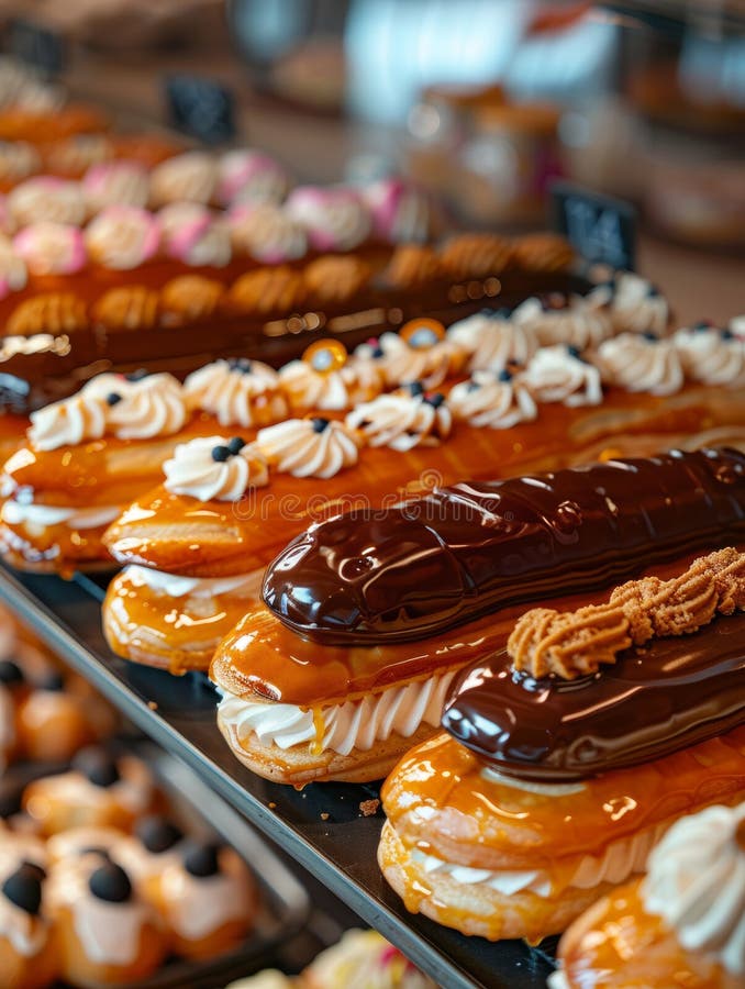 Assorted Eclairs Displayed in a Bakery, Topped with Cream and Chocolate ...