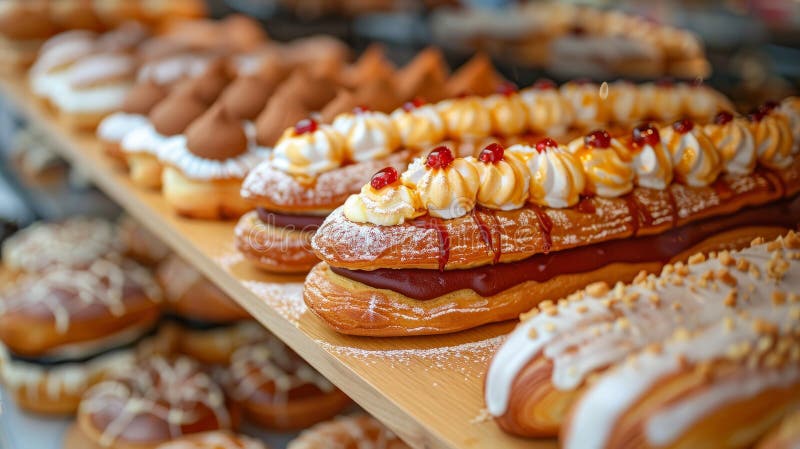 Assorted Eclairs and Pastries in a Bakery Display. Stock Image - Image ...