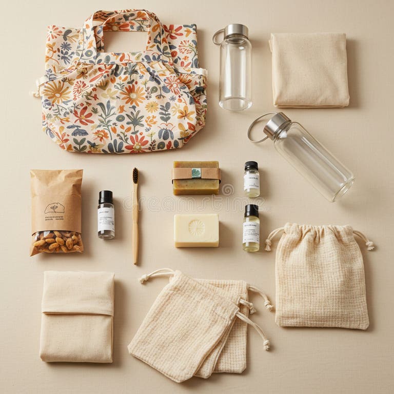 Assorted Eco-friendly Items Arranged on a Beige Background: a Floral ...