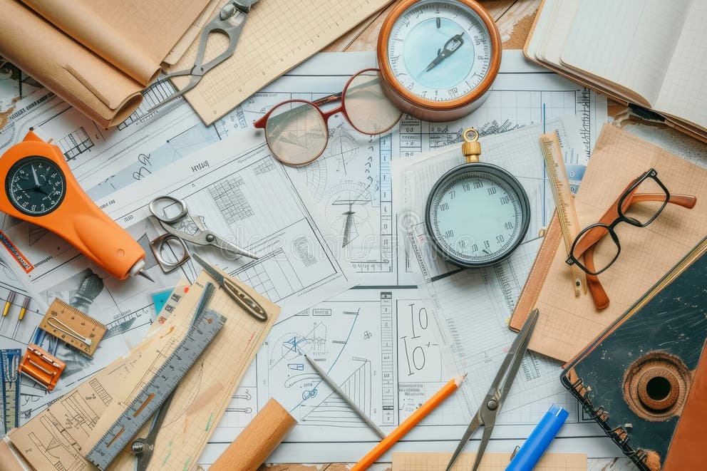 Assorted Educational Tools and Papers are Scattered Across a Table ...