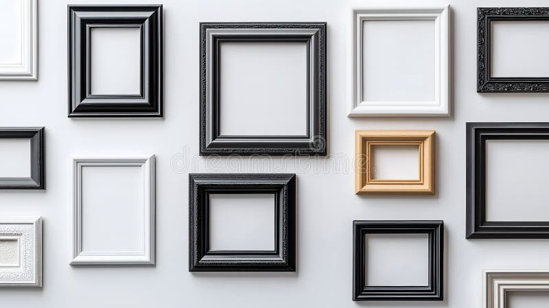 Assorted Empty Picture Frames on White Wall Stock Illustration ...