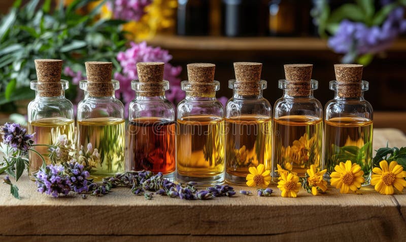 Assorted Essential Oils in Glass Bottles with Natural Flowers and Herbs ...