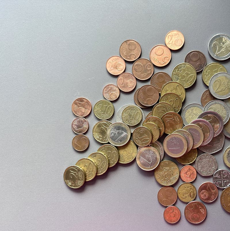 Assorted Euro Coins Spread Across Gray Surface Displaying Various ...