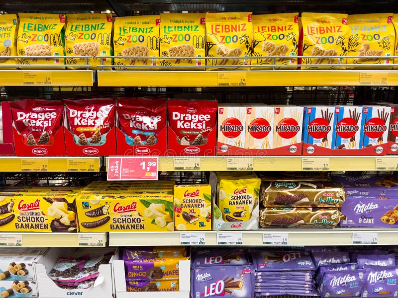Assorted European Snacks Display in Supermarket Aisle Editorial Stock ...