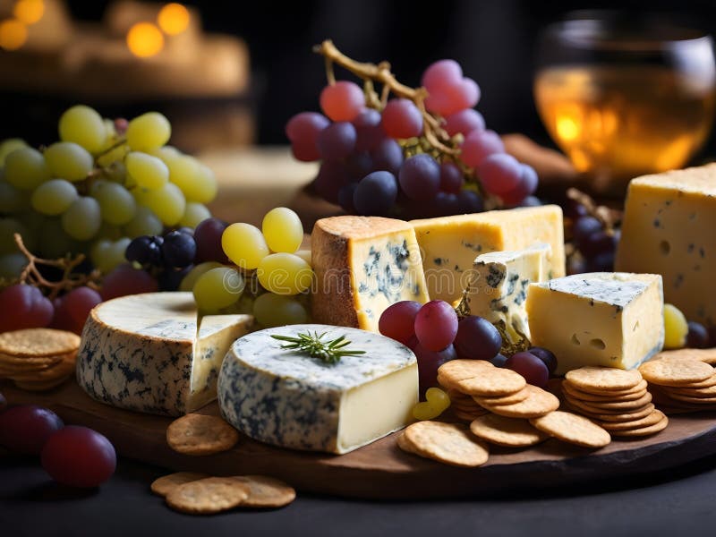 Assorted Exotic Cheeses with Crackers and Grapes Stock Illustration ...