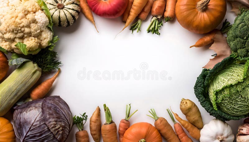 Assorted Fall Vegetables Displayed Around a Blank White Background for ...