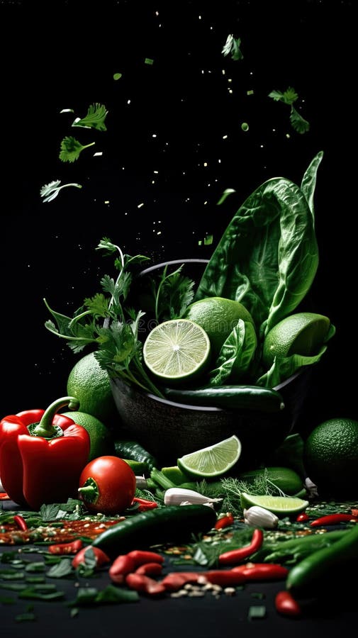 Assorted Falling Green Vegetables on Black Background AI Generative ...