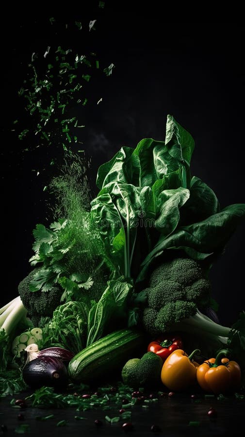 Assorted Falling Green Vegetables on Black Background AI Generative ...