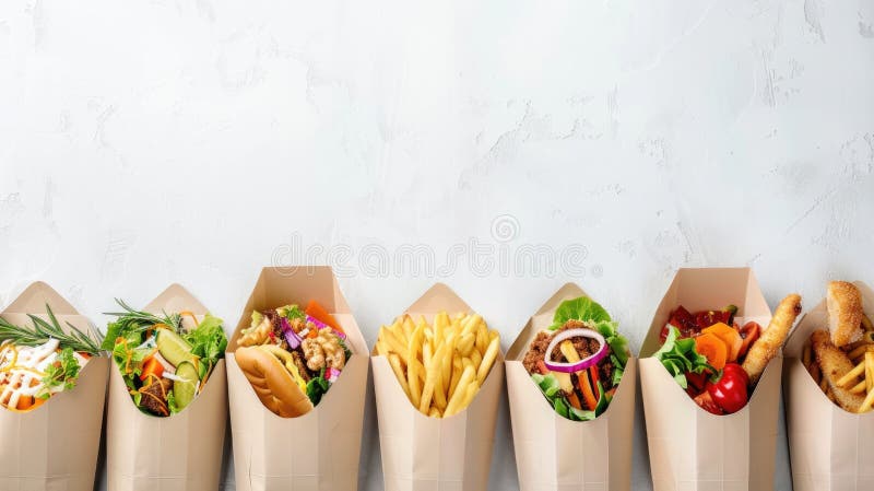 Assorted Fast Food in Paper Packaging Spread on White Background Stock ...