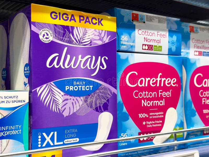Assorted Feminine Hygiene Products on Store Shelf: always and Carefree ...