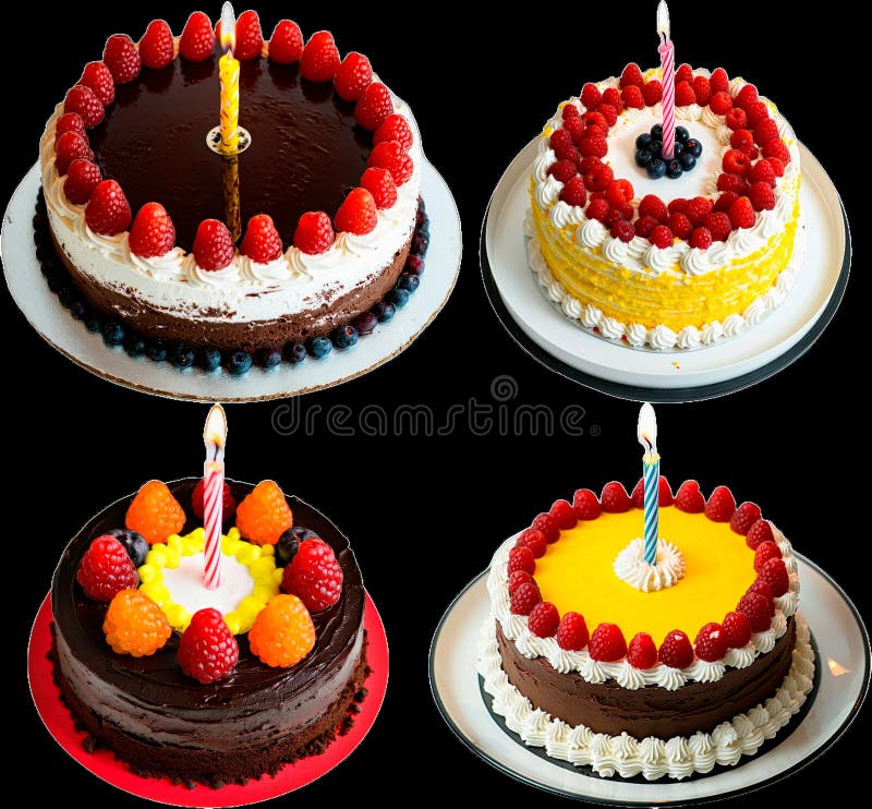 Assorted Festive Birthday Cakes with Colorful Decorations and Candles ...
