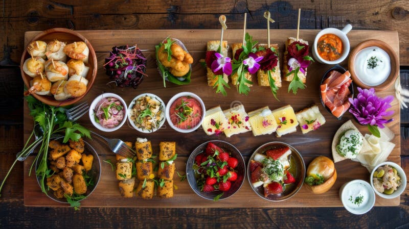 Assorted Finger Foods Arranged on a Rustic Wooden Board Stock ...