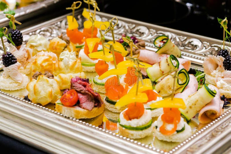 Assorted Finger Foods on Silver Tray Stock Photo - Image of catering ...
