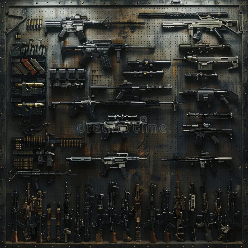 Assorted Firearms and Ammunition Display Stock Illustration ...