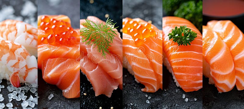 Assorted Fish Products Collage with White Dividing Lines Brightly Lit ...