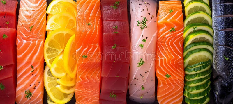 Assorted Fish Products Collage with White Vertical Lines, 7 Segments ...