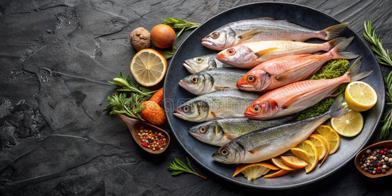 Assorted Fish Varieties on a Black Plate for a Delicious Meal AI ...
