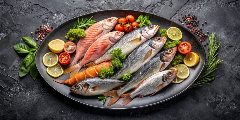 Assorted Fish Varieties on a Black Plate for a Delicious Meal ...