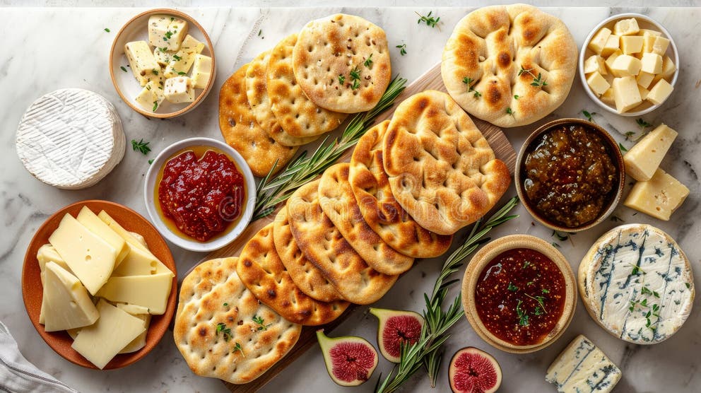 Assorted Flatbread and Cheese Platter with Figs and Jam. Stock Image ...