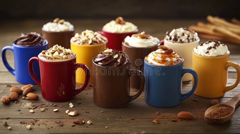 Assorted Flavored Hot Chocolate Mugs with Toppings on Wooden Table ...