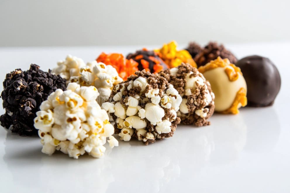 Assorted Flavored Popcorn Balls Variety on White Surface Stock Image ...