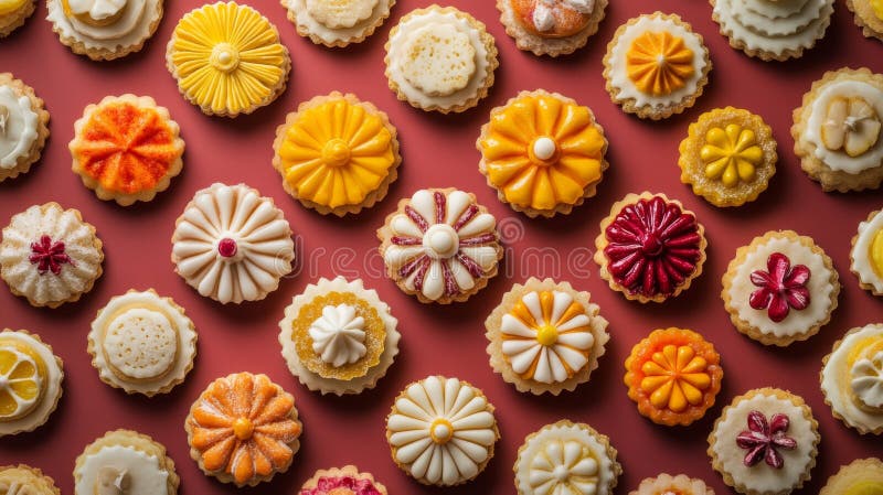 Assorted Flower-Shaped Cookies on Red Background Stock Illustration ...