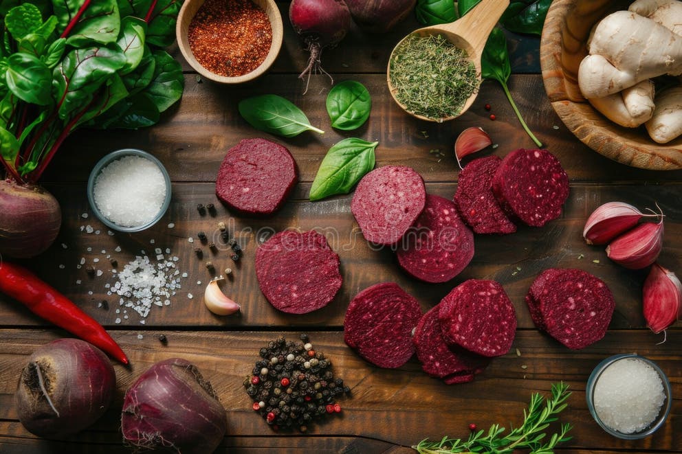 Assorted Food Items Displayed on a Wooden Table, Suitable for Food and Beverage Concepts Stock ...