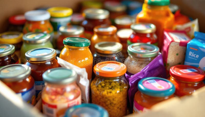 Assorted Food Items in Jars and Boxes Displayed in a Cardboard Box ...
