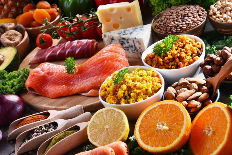 Assorted Food Products on Kitchen Table Stock Photo - Image of fresh ...