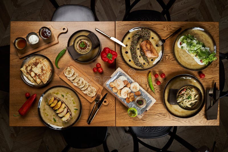 Assorted Food Set on Wooden Table. Luxury Restaurant Food Stock Photo ...