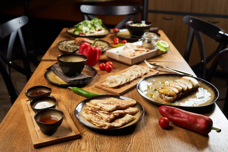 Assorted Food Set on Wooden Table. Luxury Restaurant Food Stock Photo ...