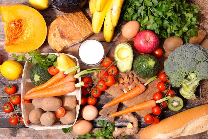 Assorted food, top view stock photo. Image of carrot - 76973944