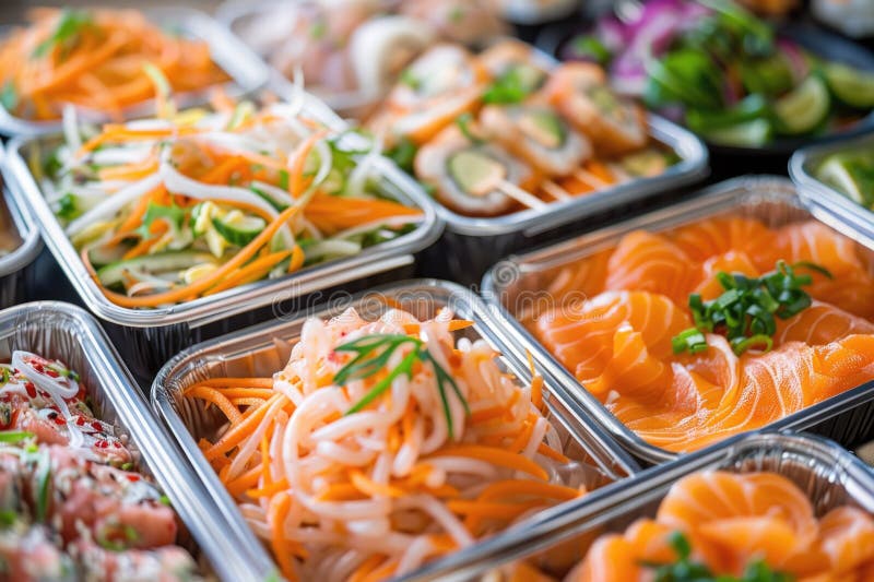 Assorted Food Trays Filled with Various Dishes Stock Image - Image of ...