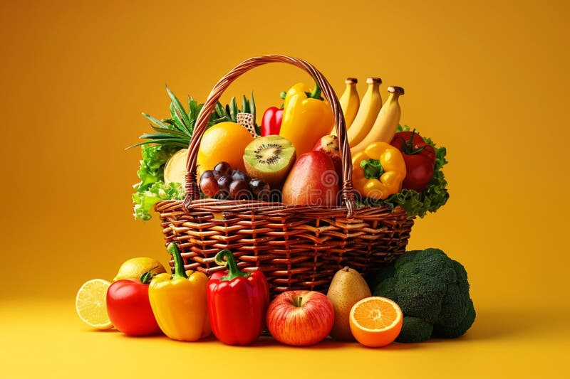 Assorted Foods in Supermarket Basket Arranged on Yellow Backdrop Stock ...