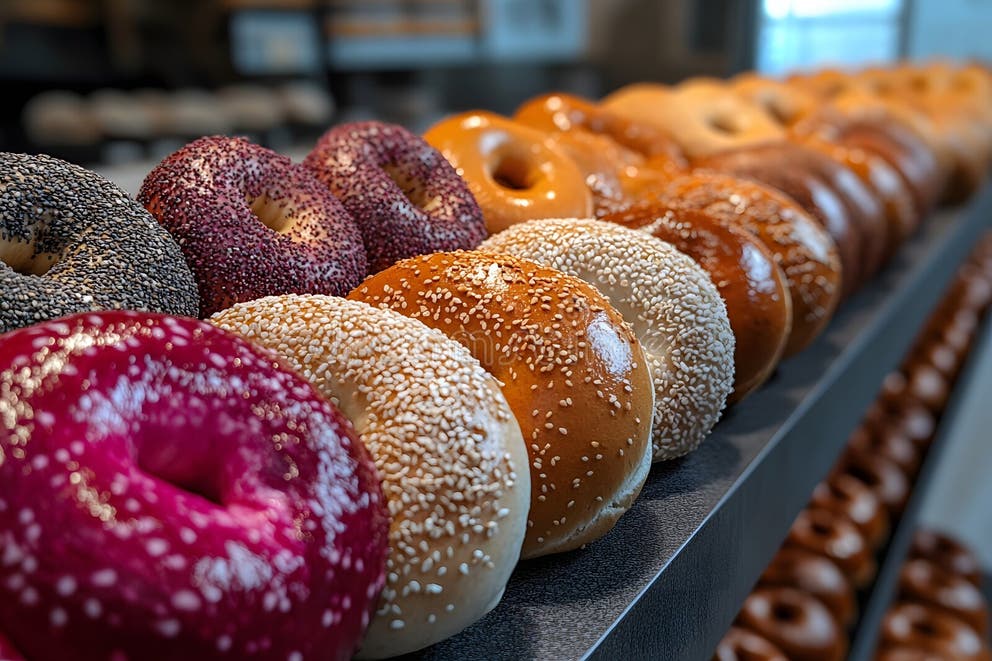 Assorted Fresh Bagels with Varied Toppings in a Modern Bakery Display ...