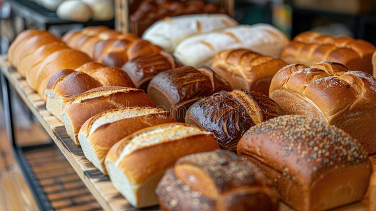 Assorted Fresh Bread Loaves on Bakery Display Shelf Stock Illustration ...