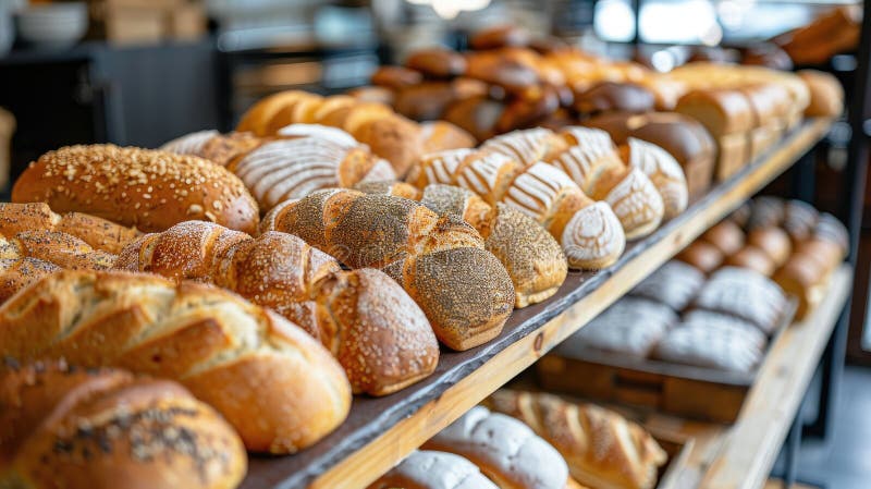 Assorted Fresh Bread Loaves on Bakery Display Shelf Stock Illustration ...