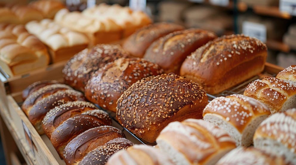 Assorted Fresh Bread Loaves on Bakery Display Shelf Stock Illustration ...