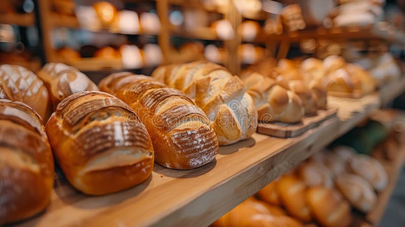 Assorted Fresh Bread Loaves in a Bakery Display Stock Photo - Image of ...