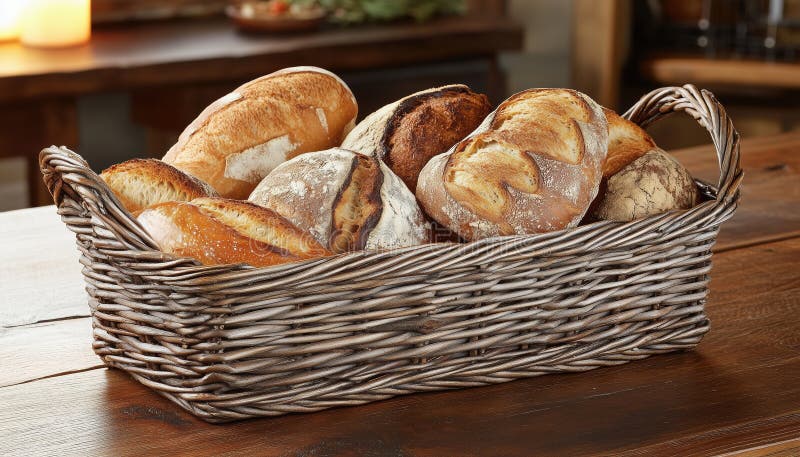 Assorted Fresh Breads in a Wicker Basket Displayed on a Rustic Wooden ...