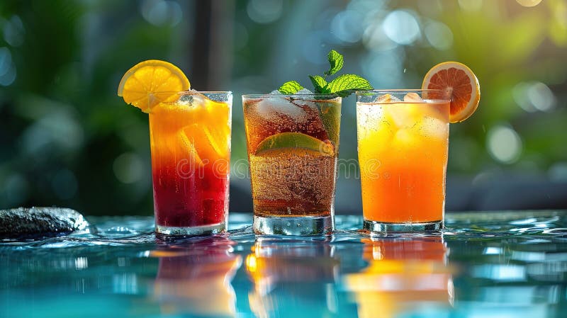 Assorted Fresh Coctails at the Poolside Outdoors, Nobody Stock Image ...