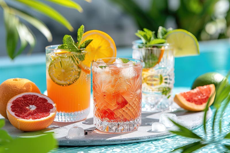 Assorted Fresh Coctails at the Poolside Outdoors, Nobody Stock Image ...