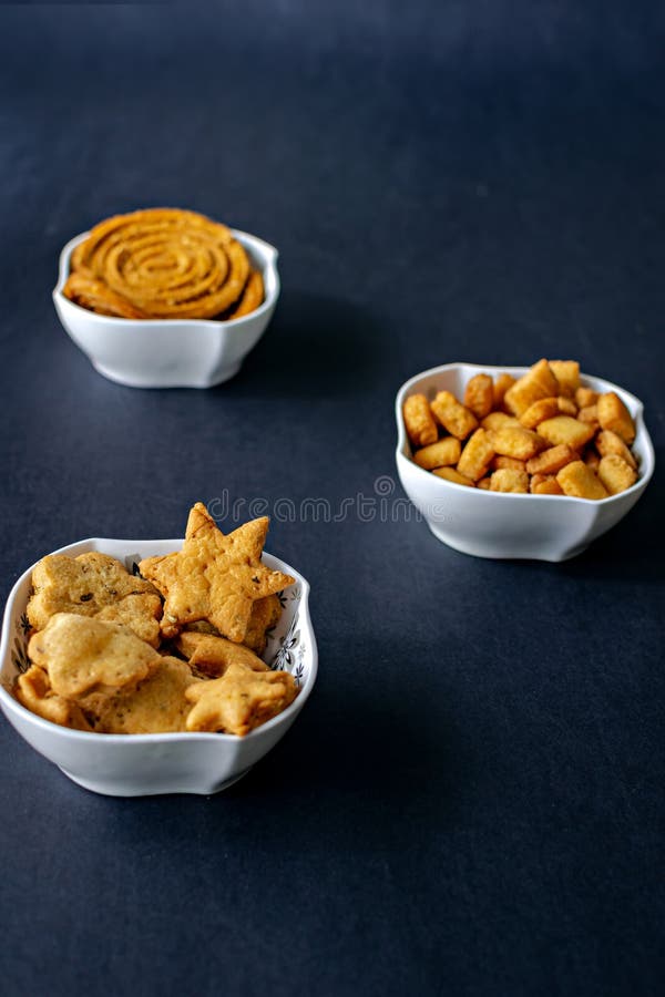 Assorted , Fresh Diwali Snacks or Faral Items Filled in White Bowls ...