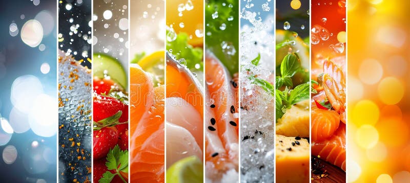 Assorted Fresh Fish Products Collage Divided by White Vertical Lines on ...