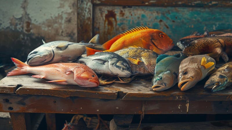 Assorted Fresh Fish on Rustic Wooden Table Stock Image - Image of fresh ...