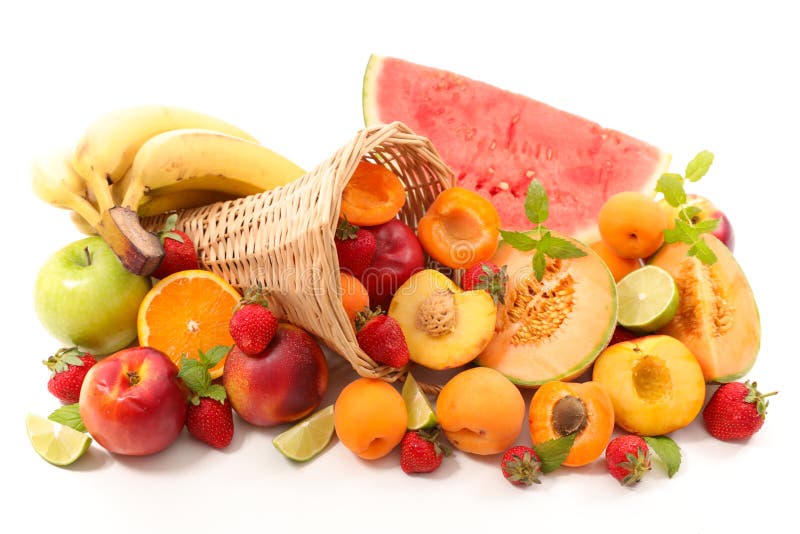 Basket Of Assorted Fresh Fruit, Isolated Stock Photo - Image of basket ...