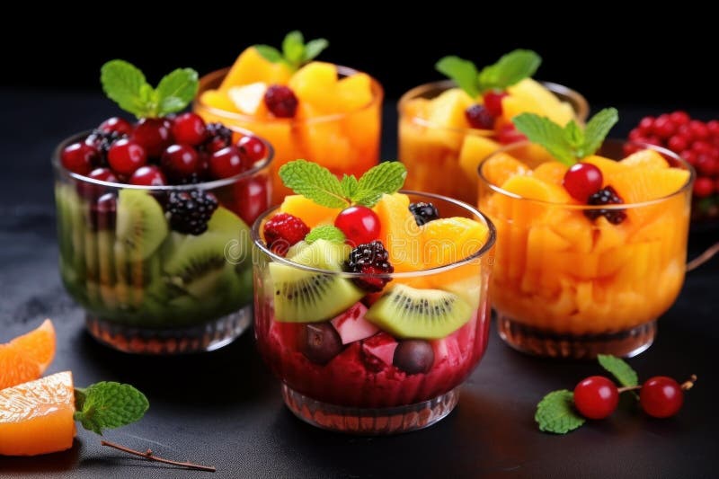 Assorted Fresh Fruit Cups with Berries and Mint Stock Photo - Image of ...