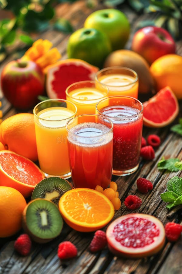 Assorted Fresh Fruit Juices Served with Citrus Slices and Berries on a ...