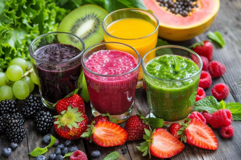 Assorted Fresh Fruit Smoothies on Wooden Table Stock Image - Image of ...