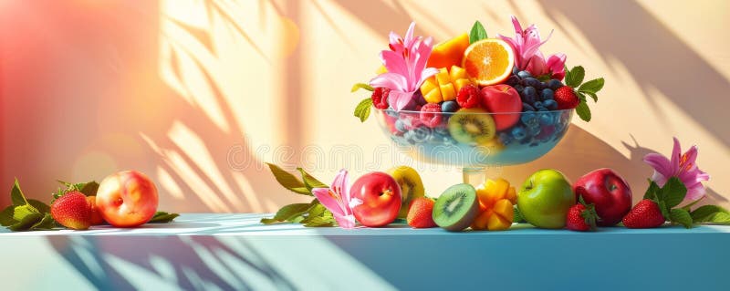 Assorted Fresh Fruits on Pastel-colored Plates with a Vibrant Backdrop ...